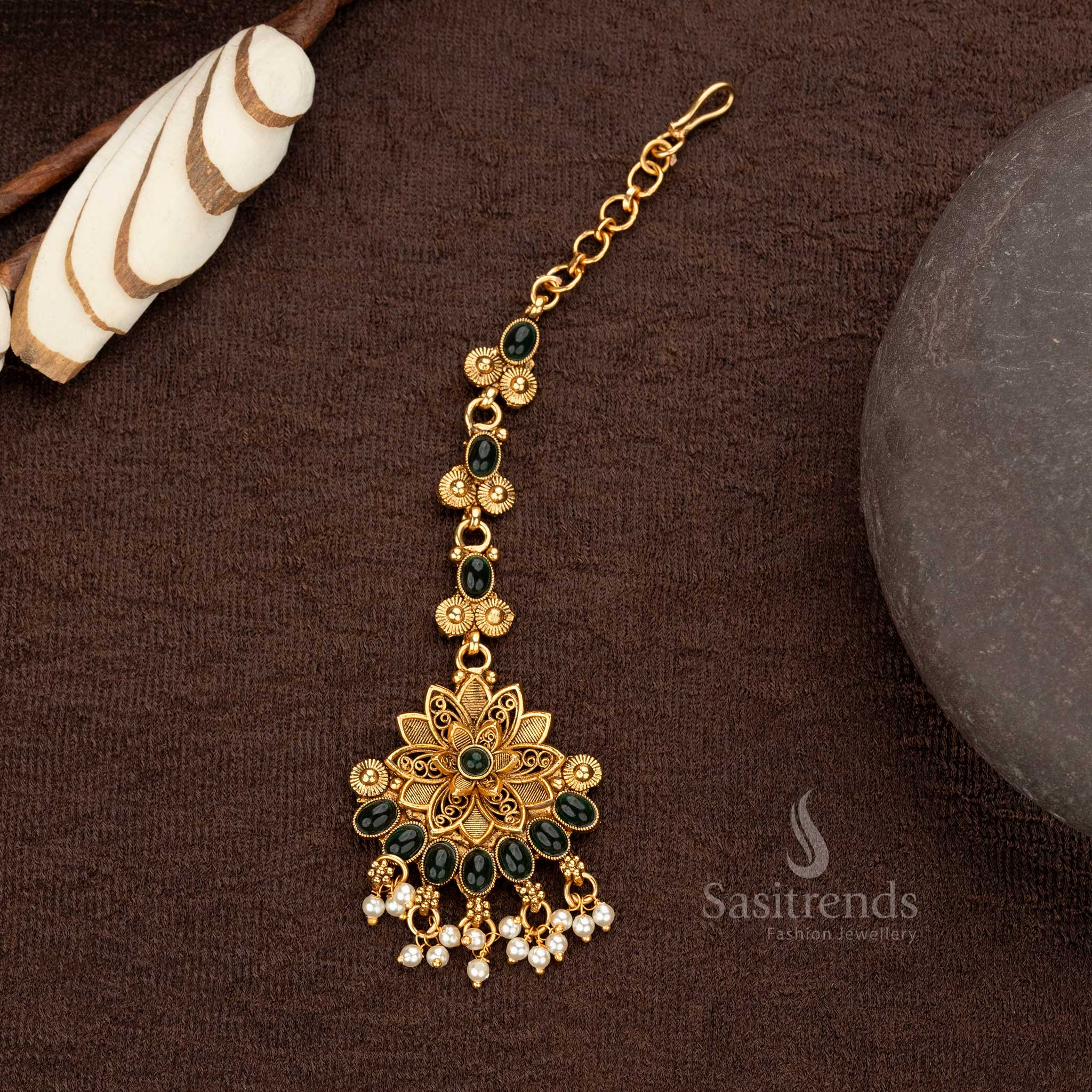 Classic Matte Gold Plated Temple Maang Tikka with Pearls - Sasitrends