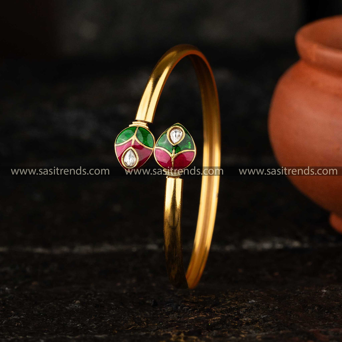 Elegant Matte Gold Kada Bangle with Multi Enamel Kundan Design - Sasitrends | Sasitrends