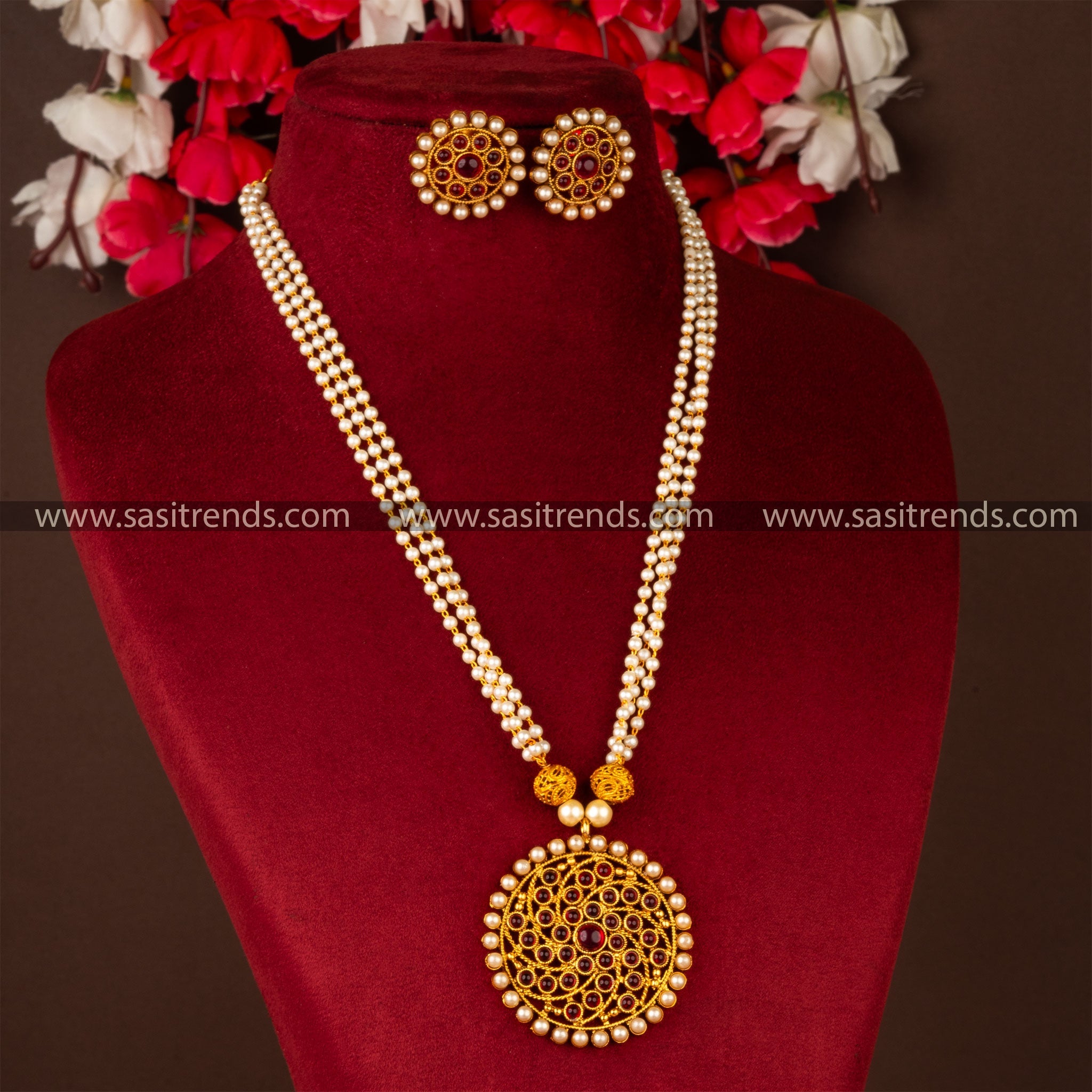 Sasitrends Classic Traditional Matte Gold Plated Three Line Pearl Mala Necklace Jewellery Set