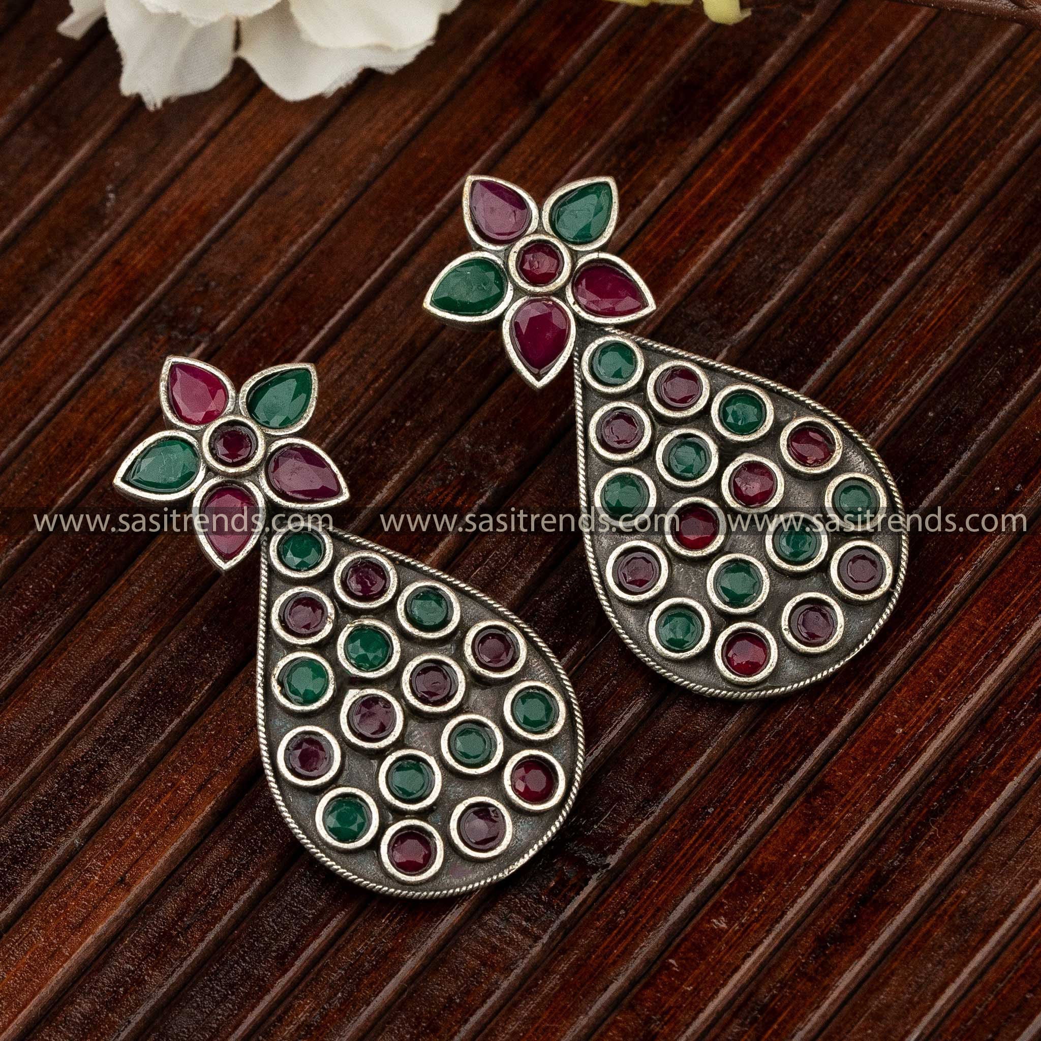Pear-Shaped Oxidised Earrings with Colorful Gemstones - Ethnic Elegance ...