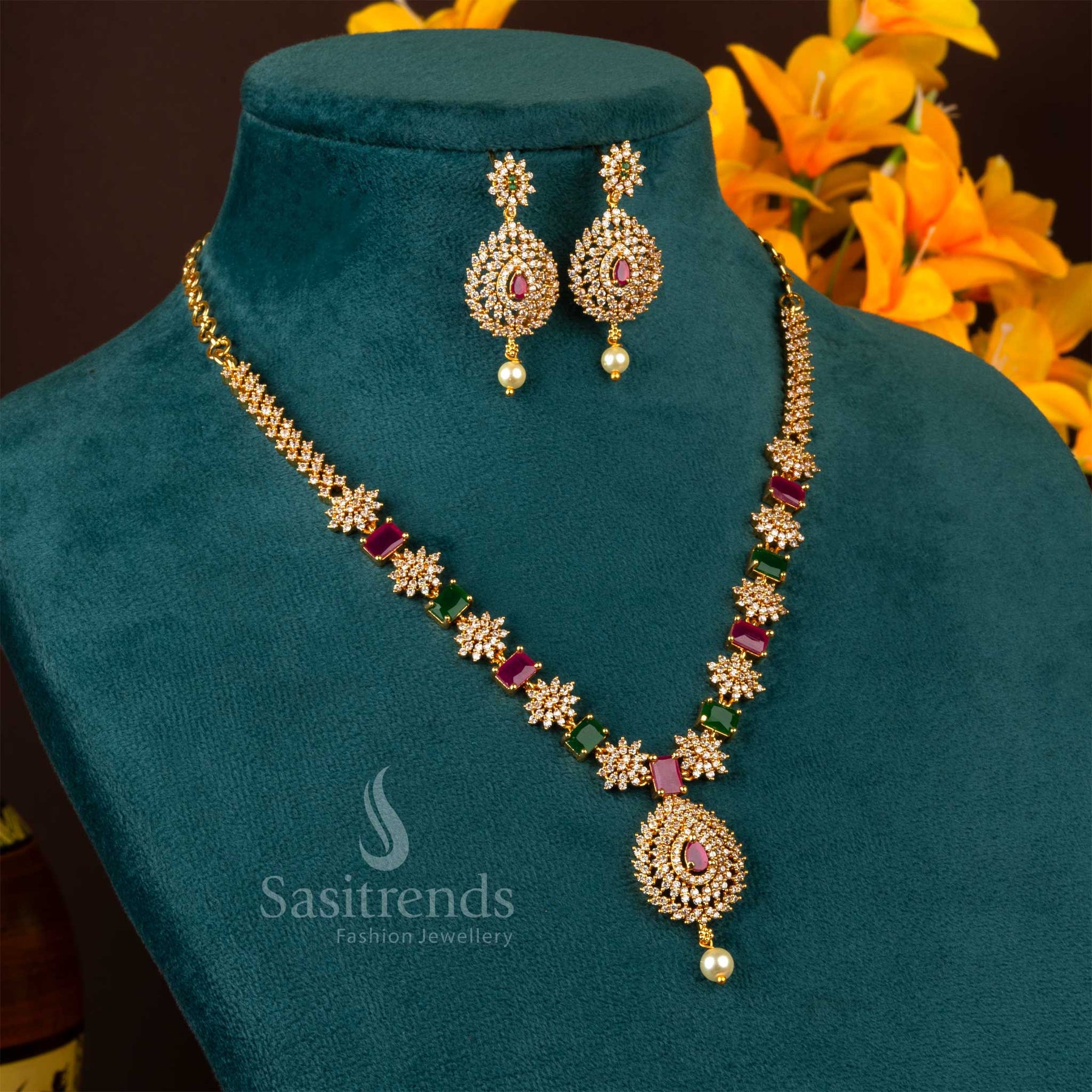 Multi color Festive AD Stone Jewellery Set - One Gram Gold – Sasitrends