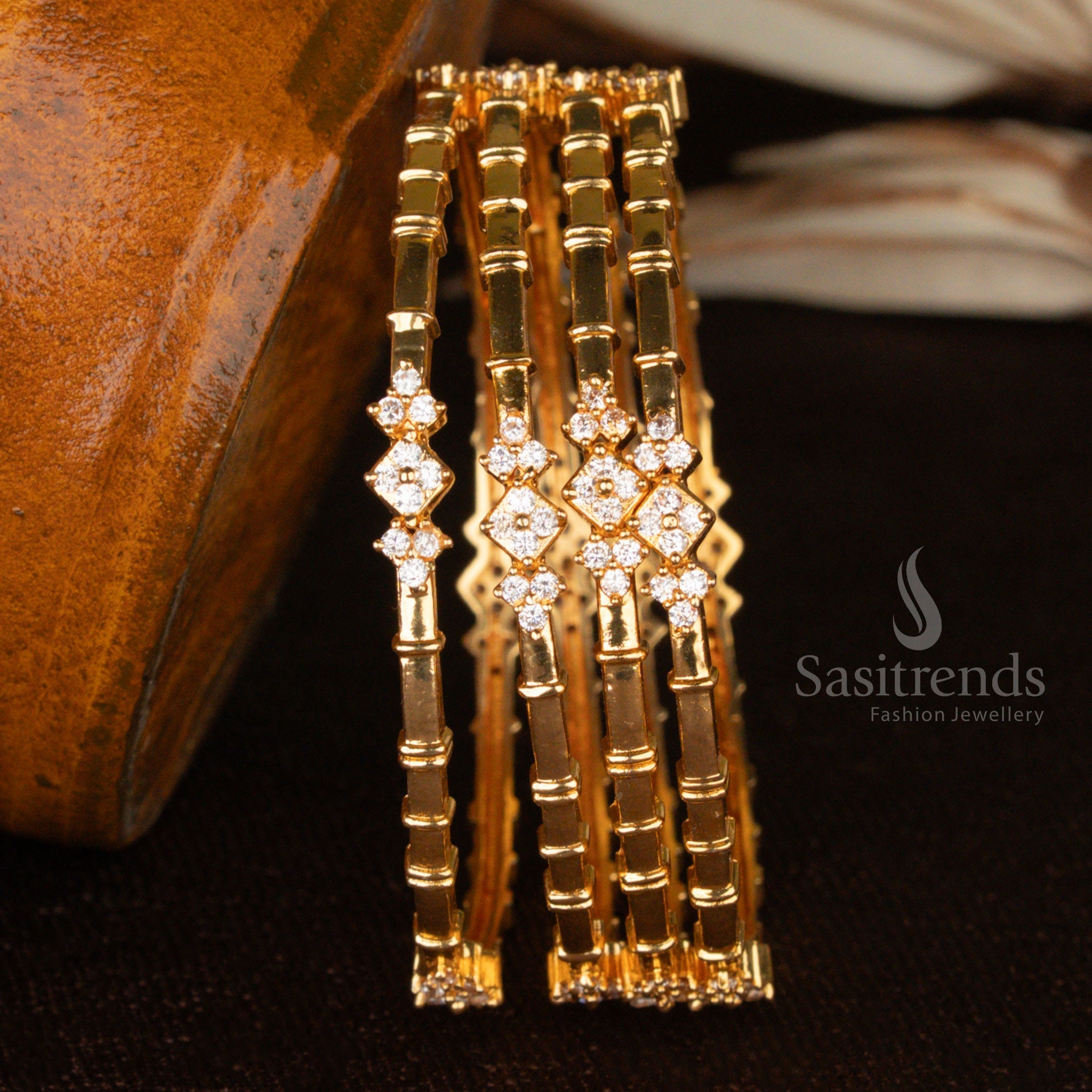 Micro Gold Bamboo-Inspired American Diamond Bangle Set - Sasitrends