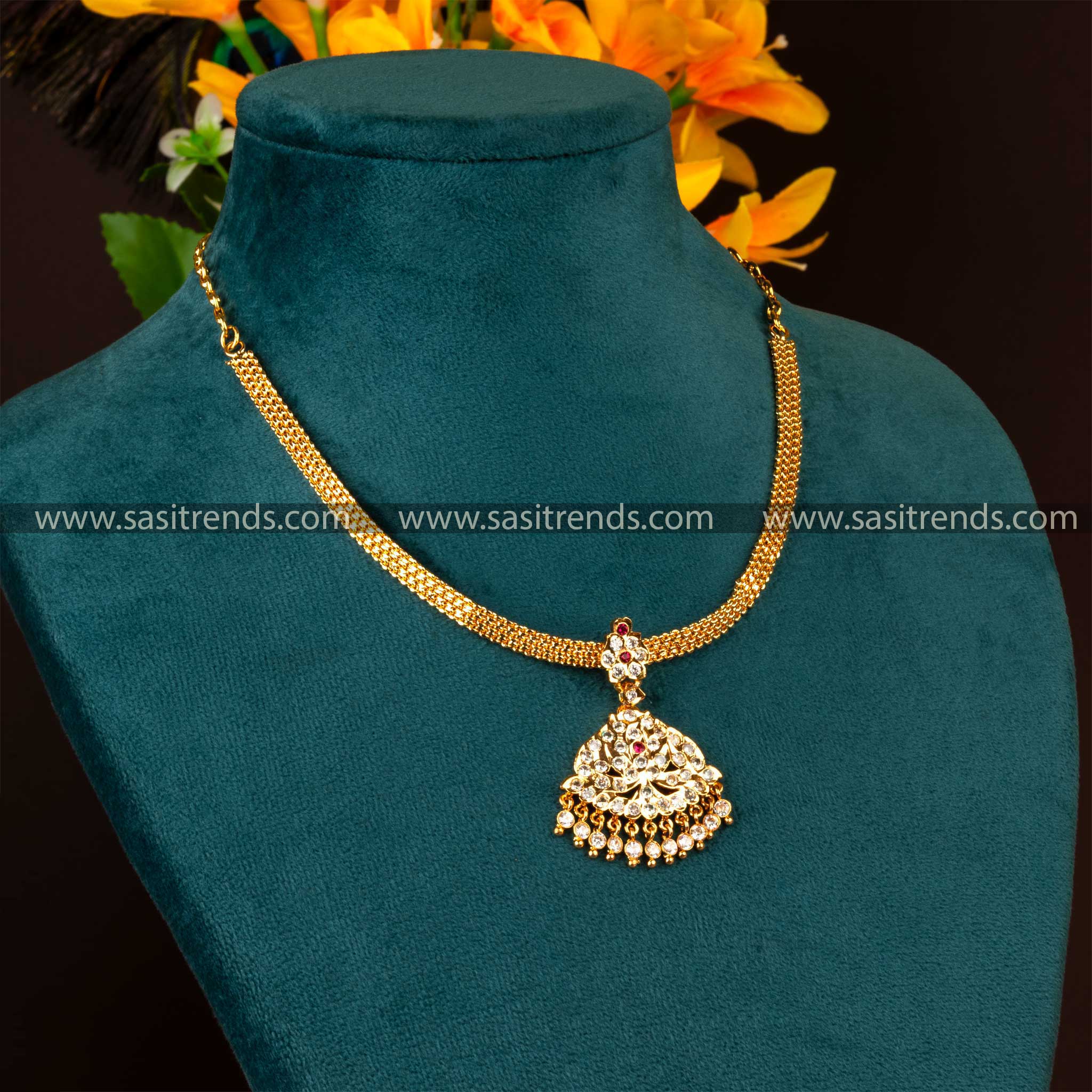 Elegant Traditional Gold Plated Attigai Necklace with American Diamond ...