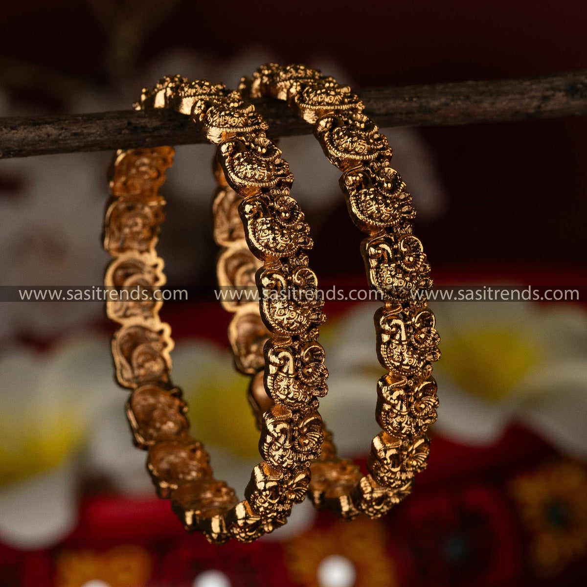 Temple Matte Gold Plated Traditional Peacock Motif Brass Bangles ...