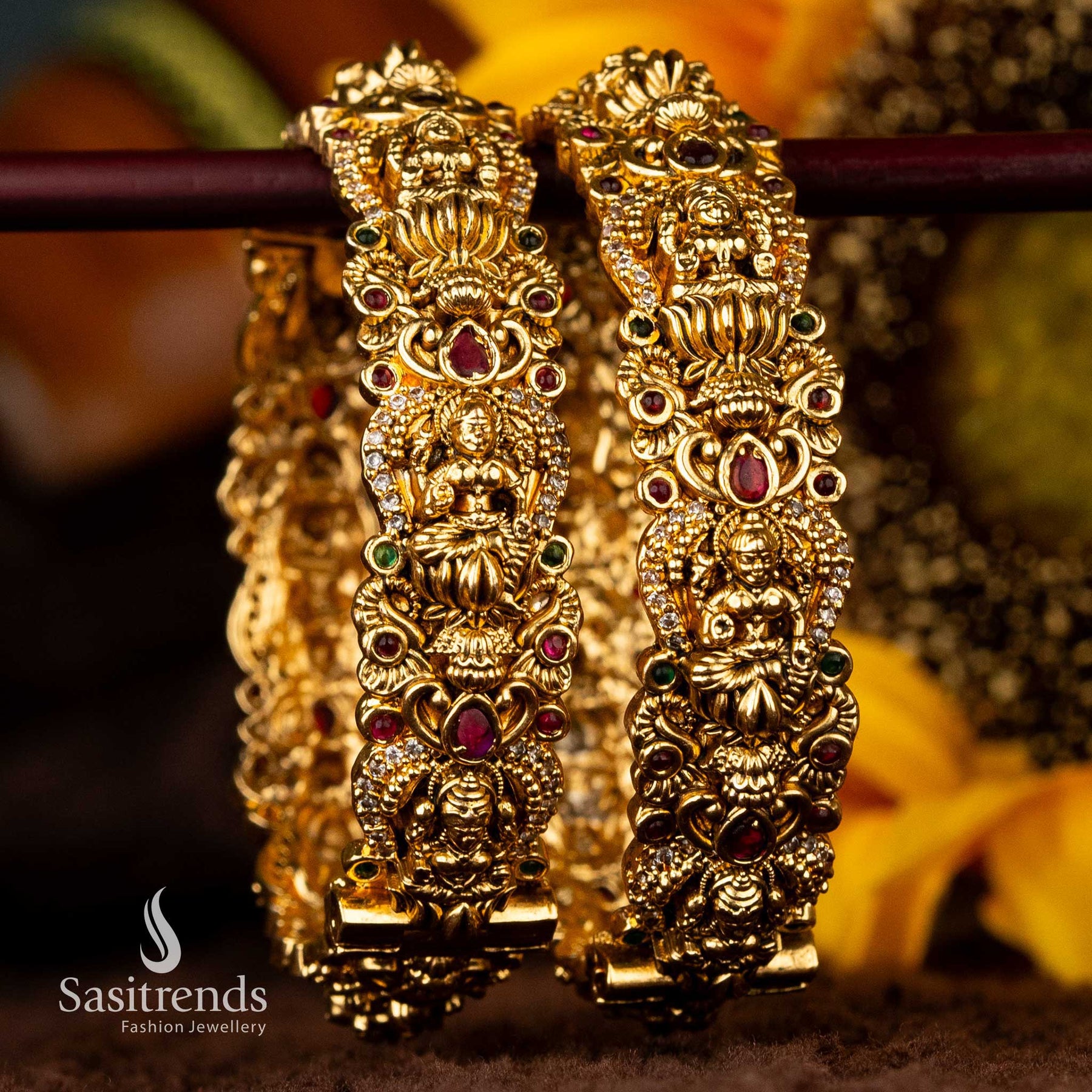 Matte Gold Plated Temple Bangles with Lakshmi Motifs - Sasitrends