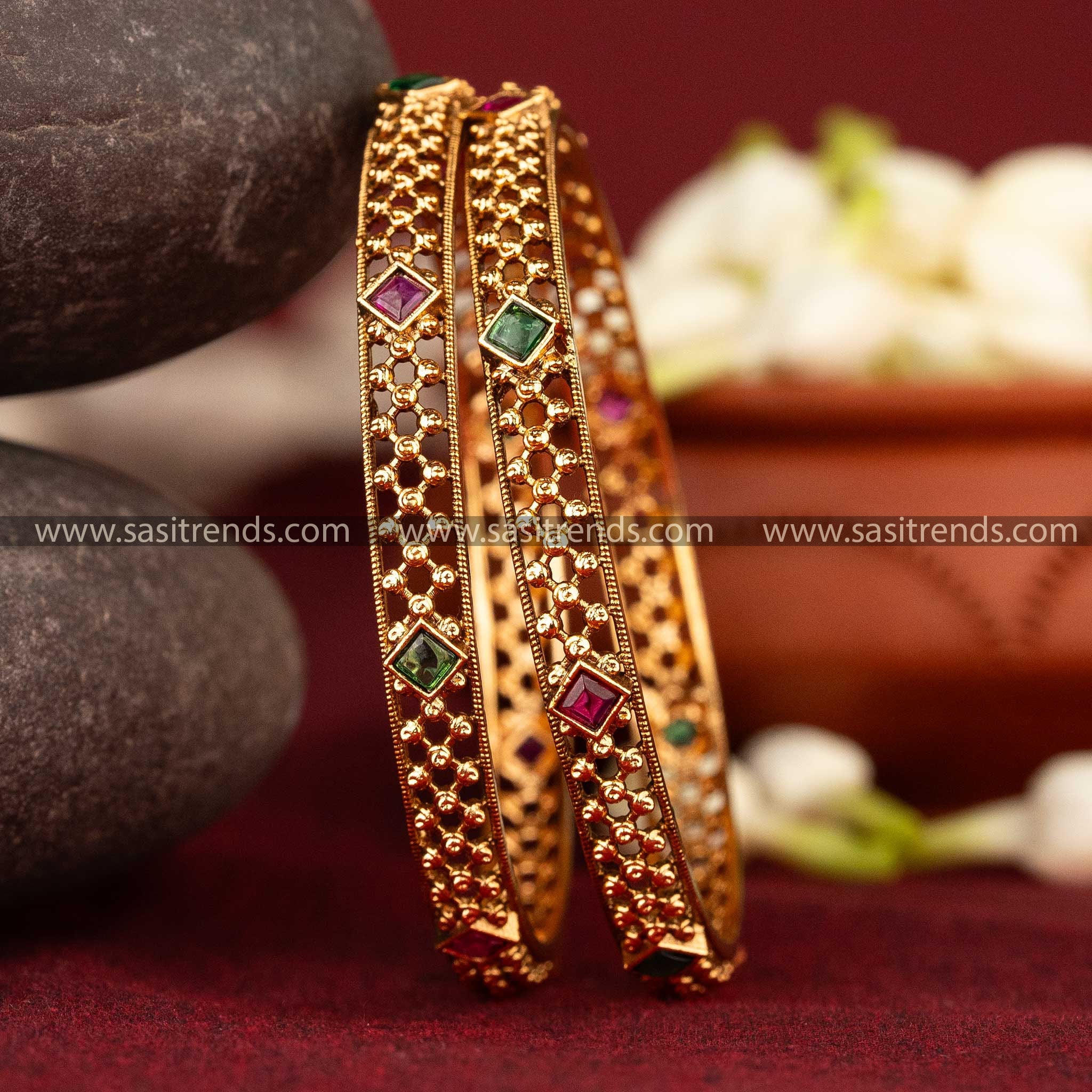 Sasitrends | Antique Matte Gold Plated Bangles with Square AD Kemp ...