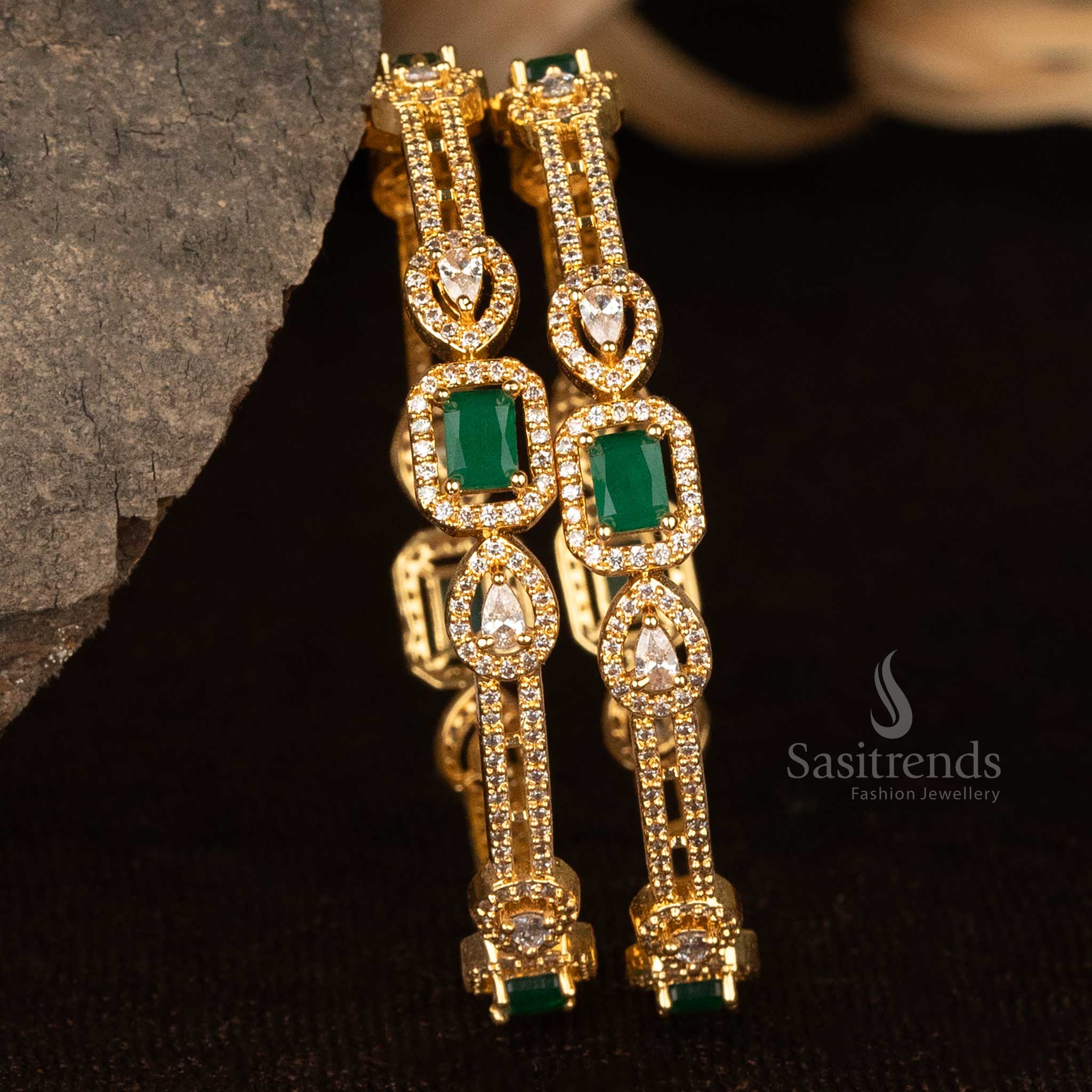 American Diamond Gold Plated Bangles with Teardrop Stones - Sasitrends