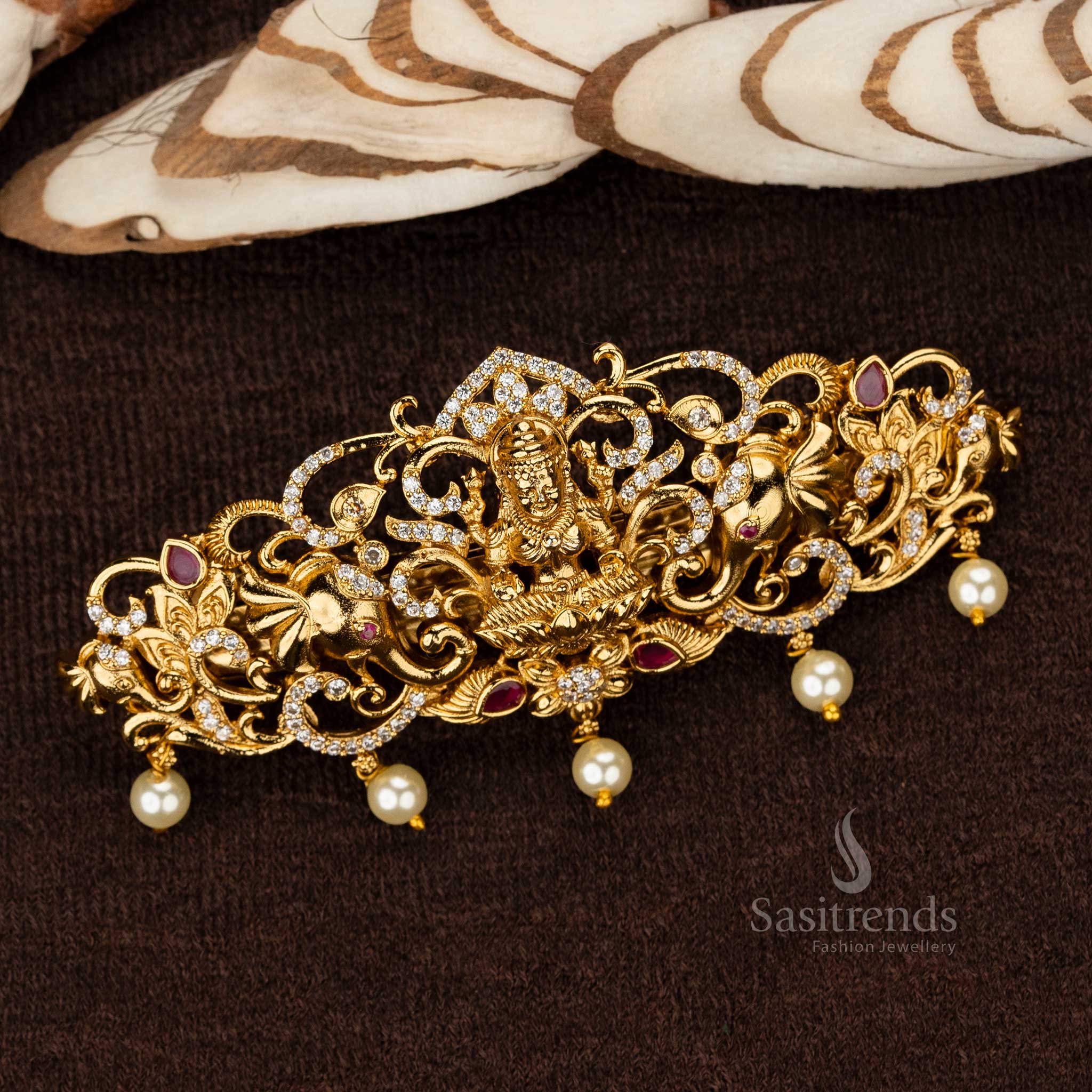 Classic Temple Lakshmi Hair Clip with Elephants and AD Stones – Sasitrends