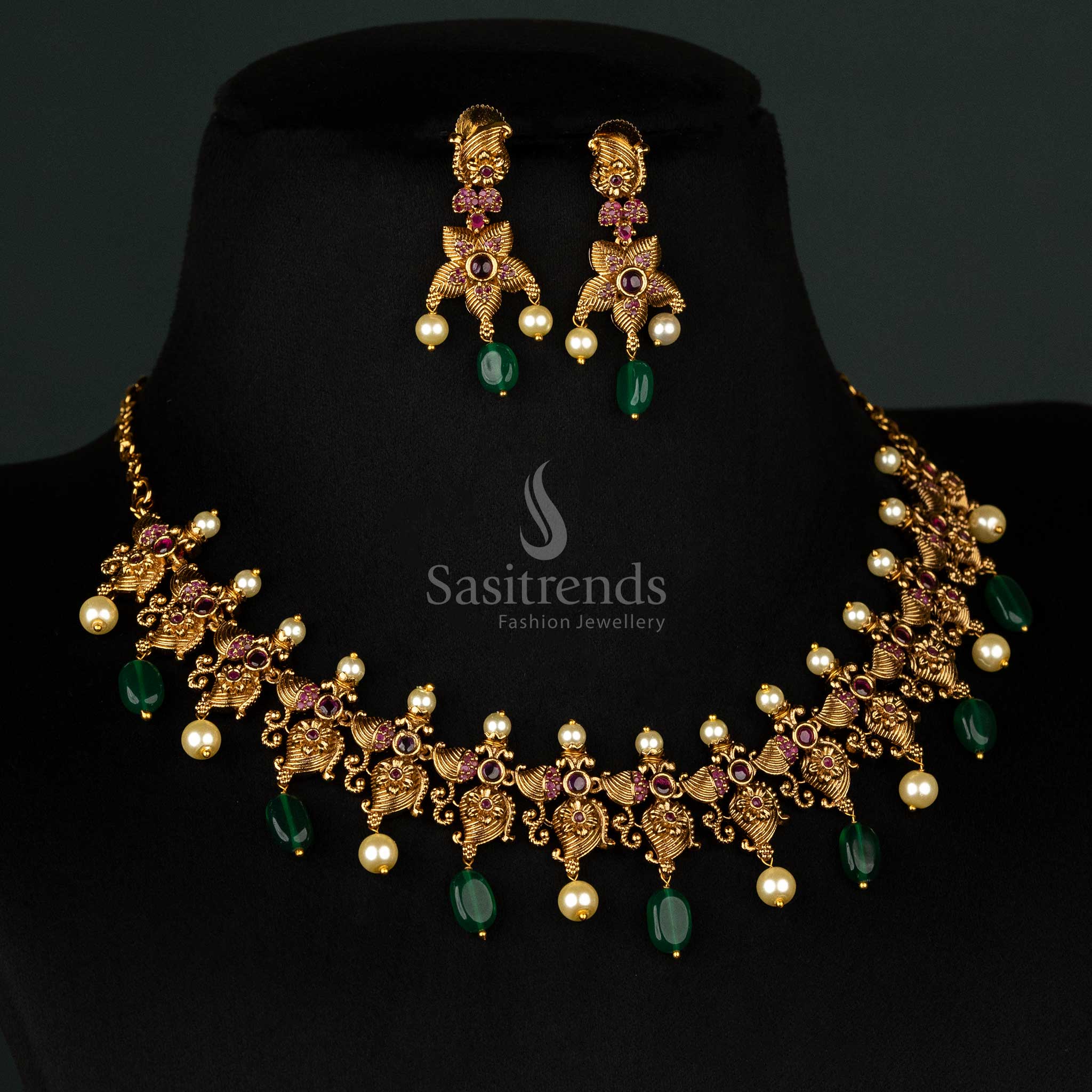 Mango Flower Design Temple Matte Gold Jewellery Set - Sasitrends