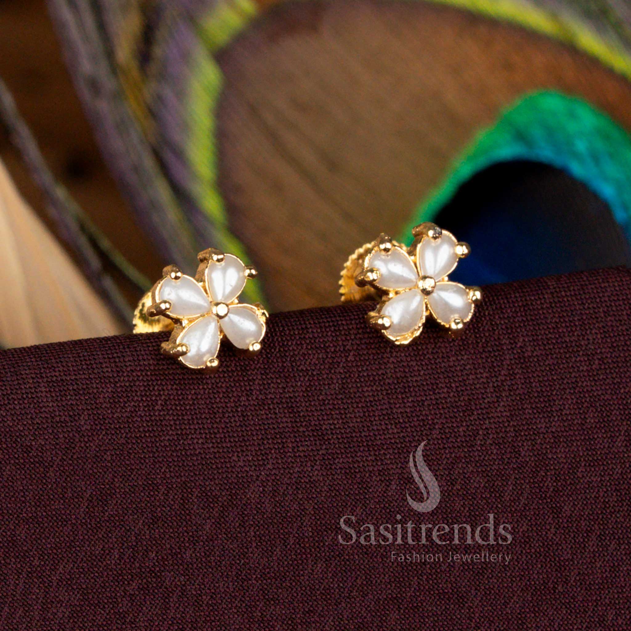 Micro Gold Plated Pearl Pavalam Four Petal Floral Earrings - Sasitrends