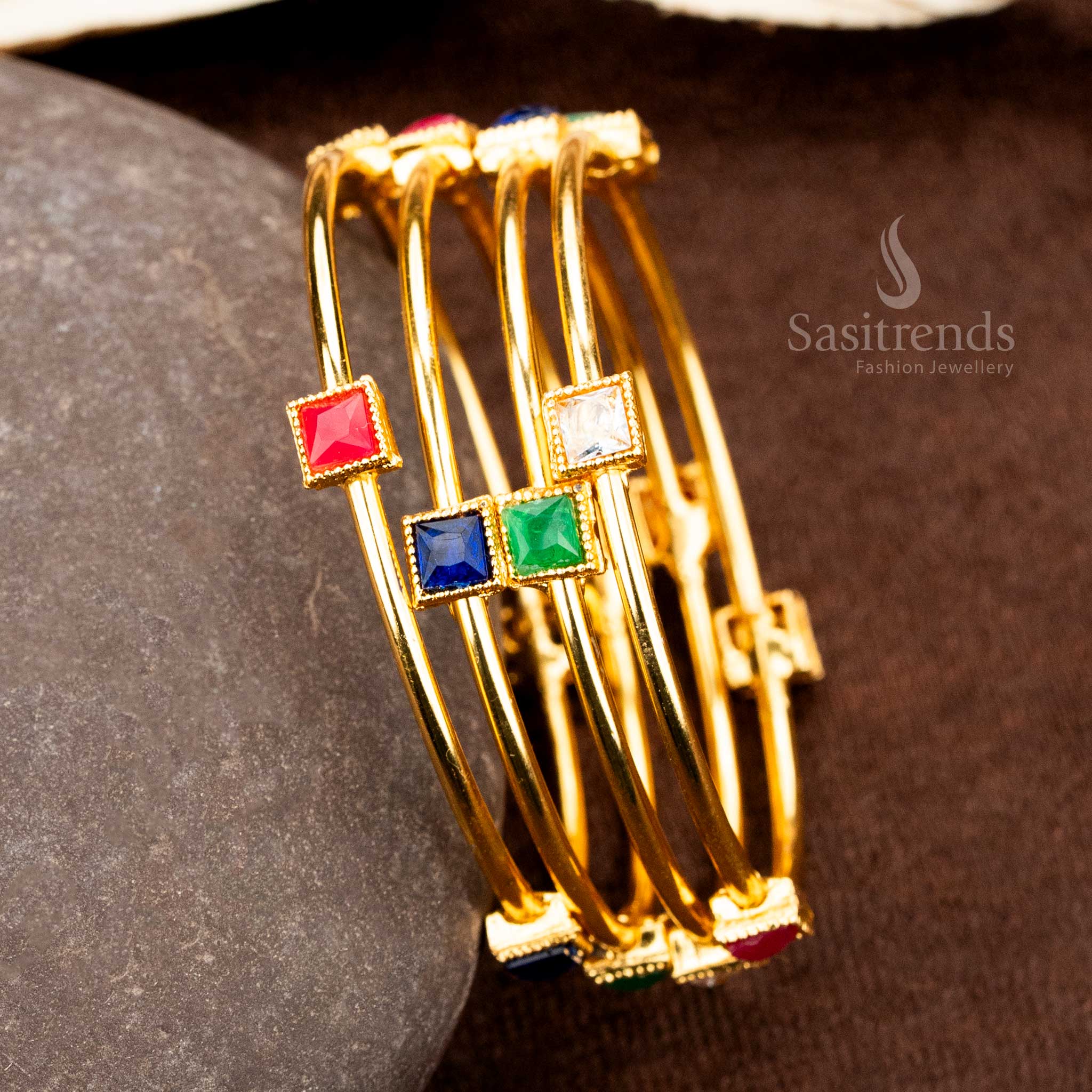 Oxidised & Gold-Plated Dual Tone Square Stone Bangles Set - Sasitrends