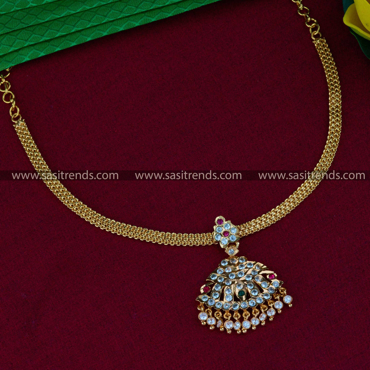 Elegant Traditional Gold Plated Attigai Necklace with American Diamond ...