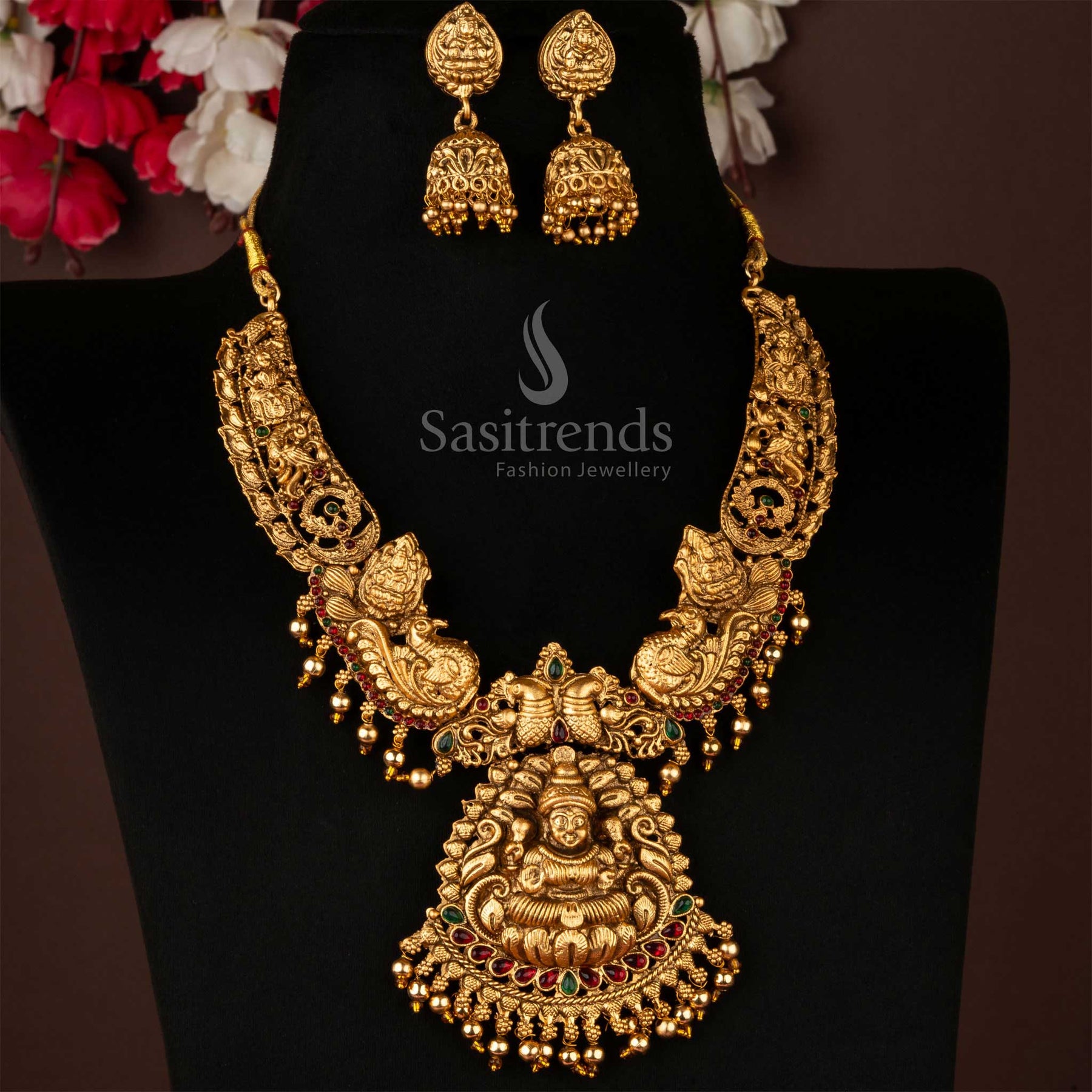 Classic Matt Gold Lakshmi & Peacock Pendant Necklace Set with Jhumka ...