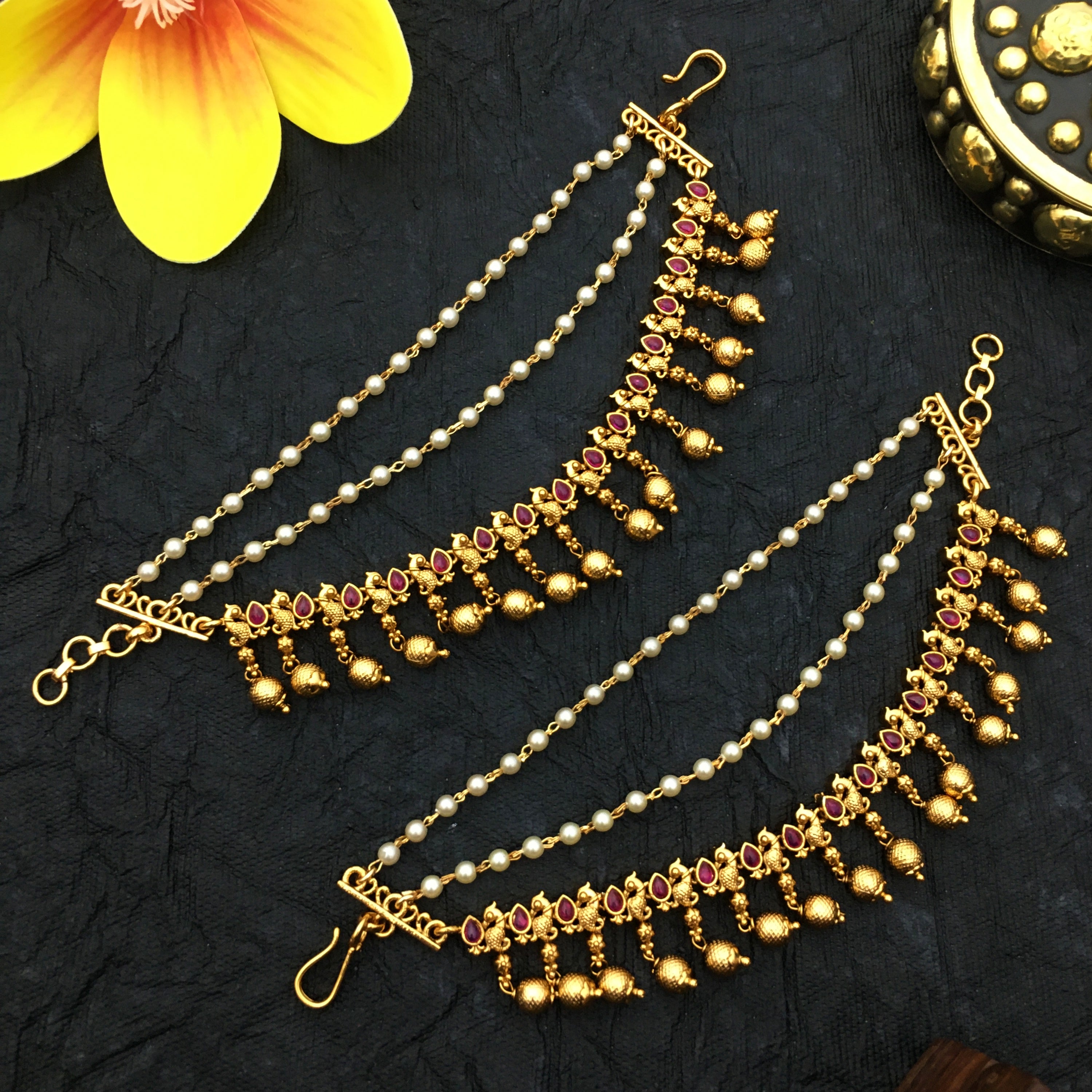Trendy Matt Gold Ear Mattal with Pearl Beads & Peacock Motif for Sarees ...