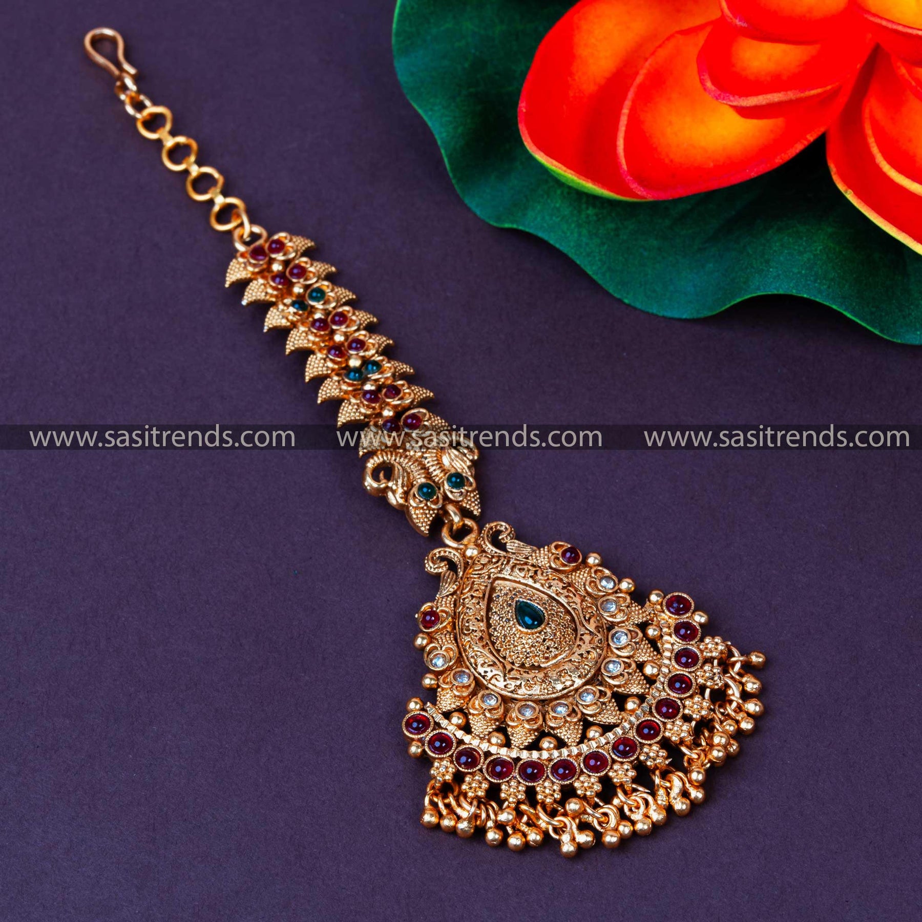 Traditional Grand Bride Maang Tikka | Matte Gold Plated | Sasitrends