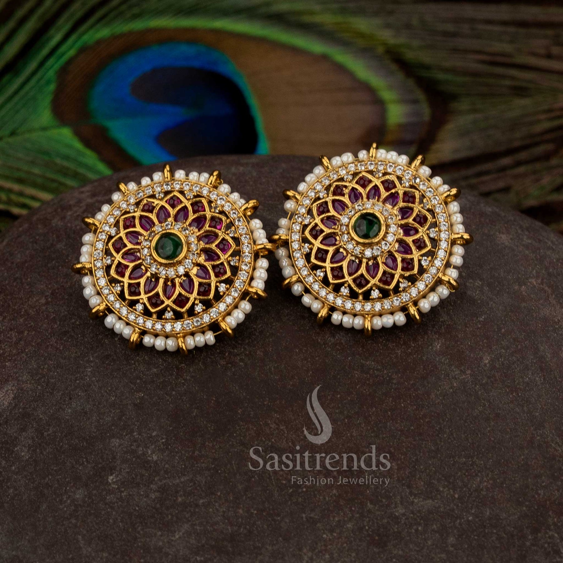 Matte Gold Plated Temple Sunflower Pearl Stud Earrings with AD Stones ...