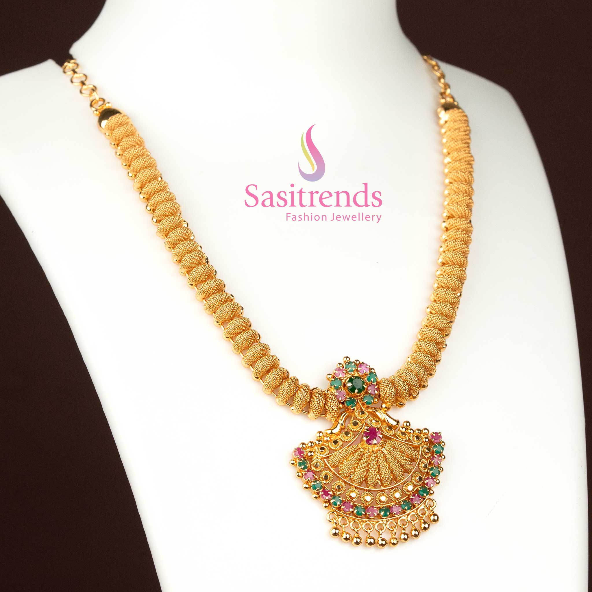 Sasitrends Micro Gold-Plated Necklace Set | Tilak Pendant with Stones