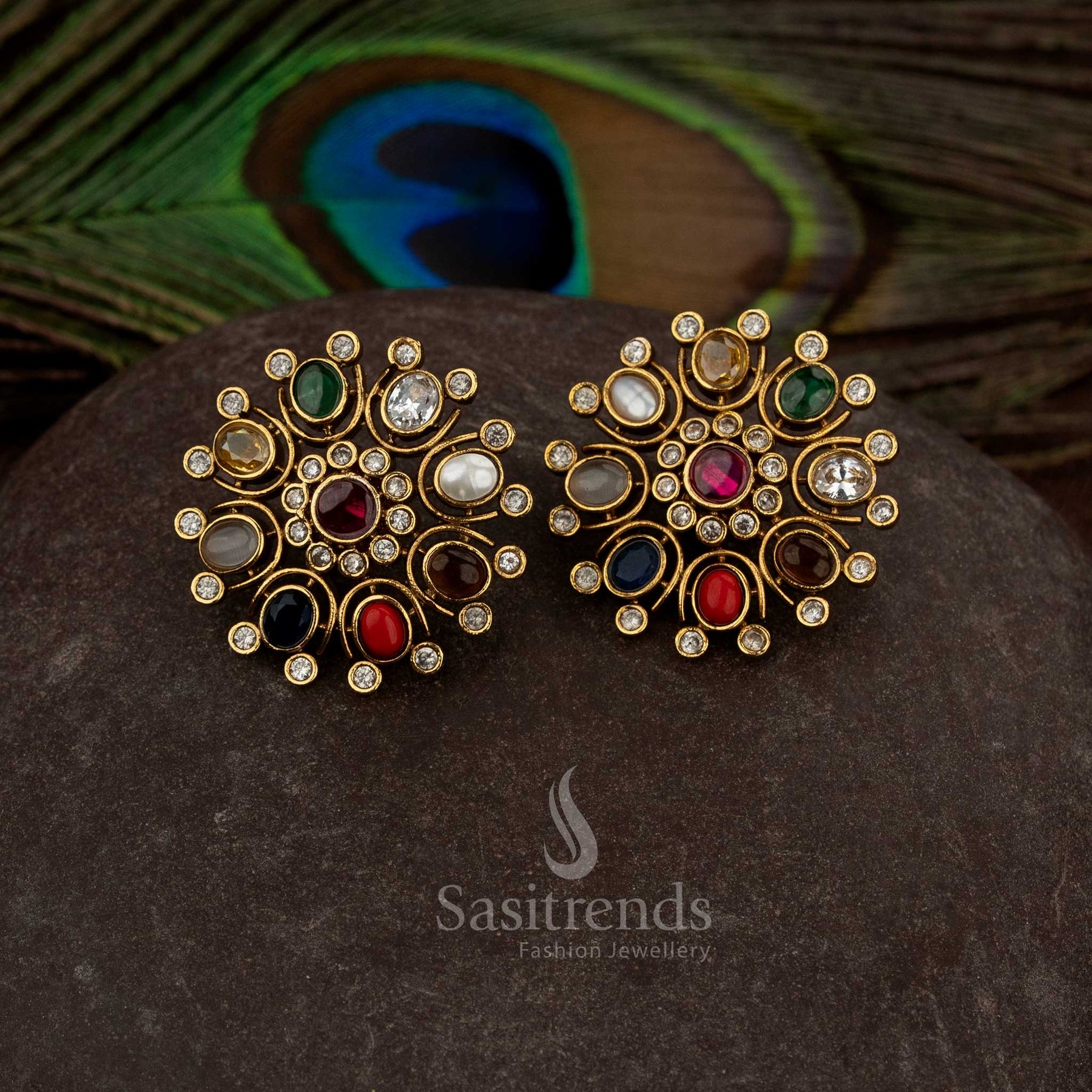 AD Matte Gold Plated Oval U-Cut Floral Stud Earrings for Festive ...