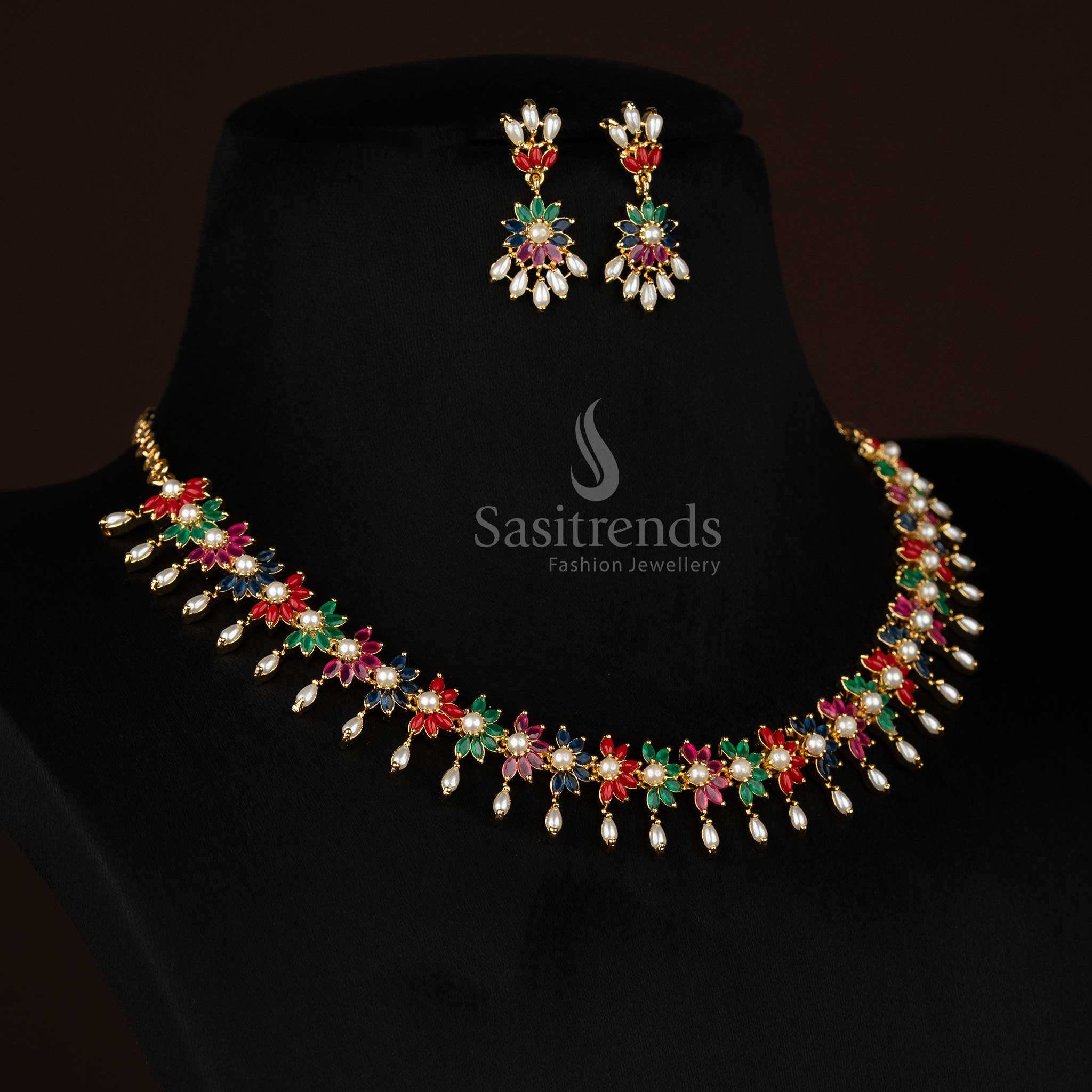 Micro Gold American Diamond Floral Cluster Necklace Set - Sasitrends