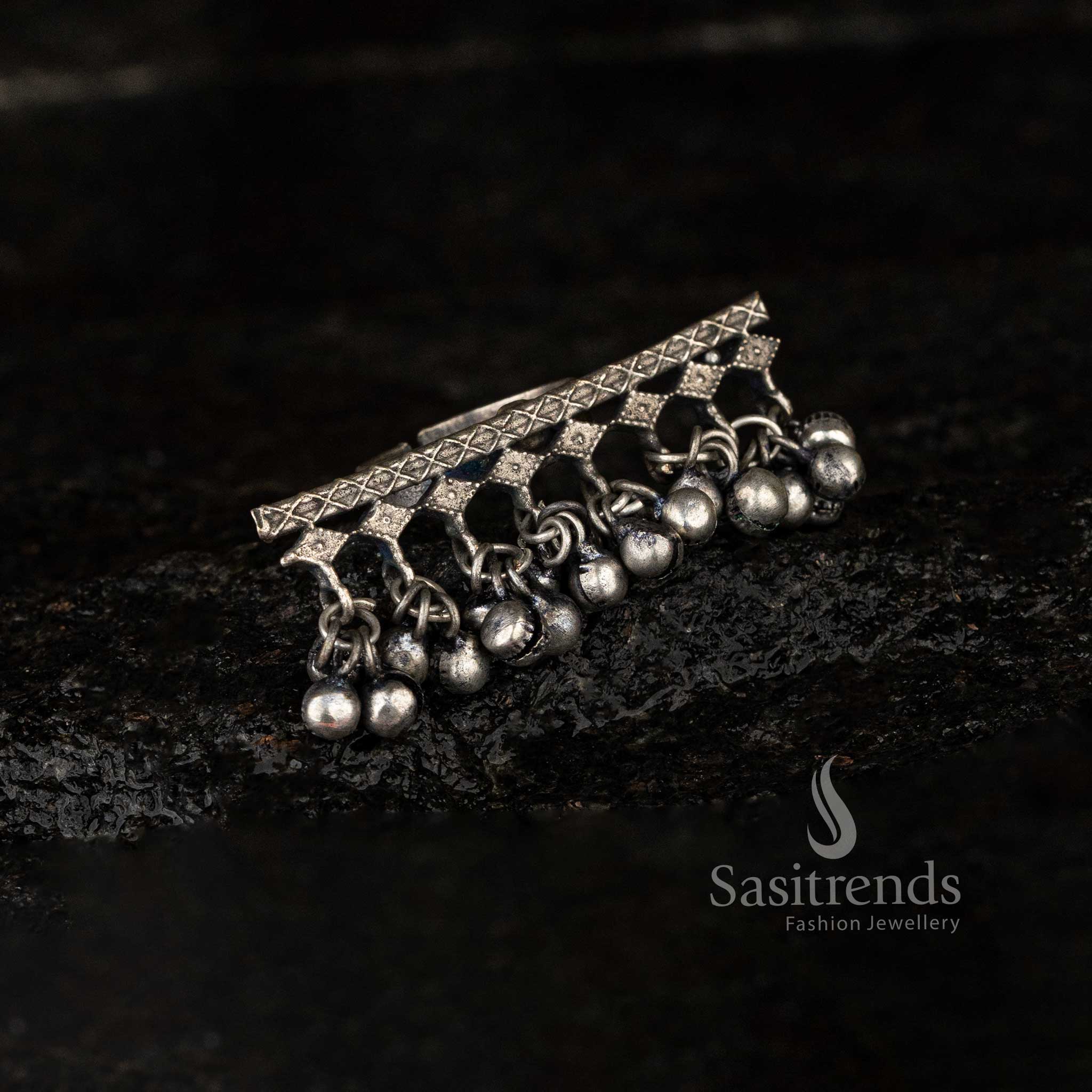 Adjustable Ghungroo Statement Ring with Oxidised Finish - Sasitrends