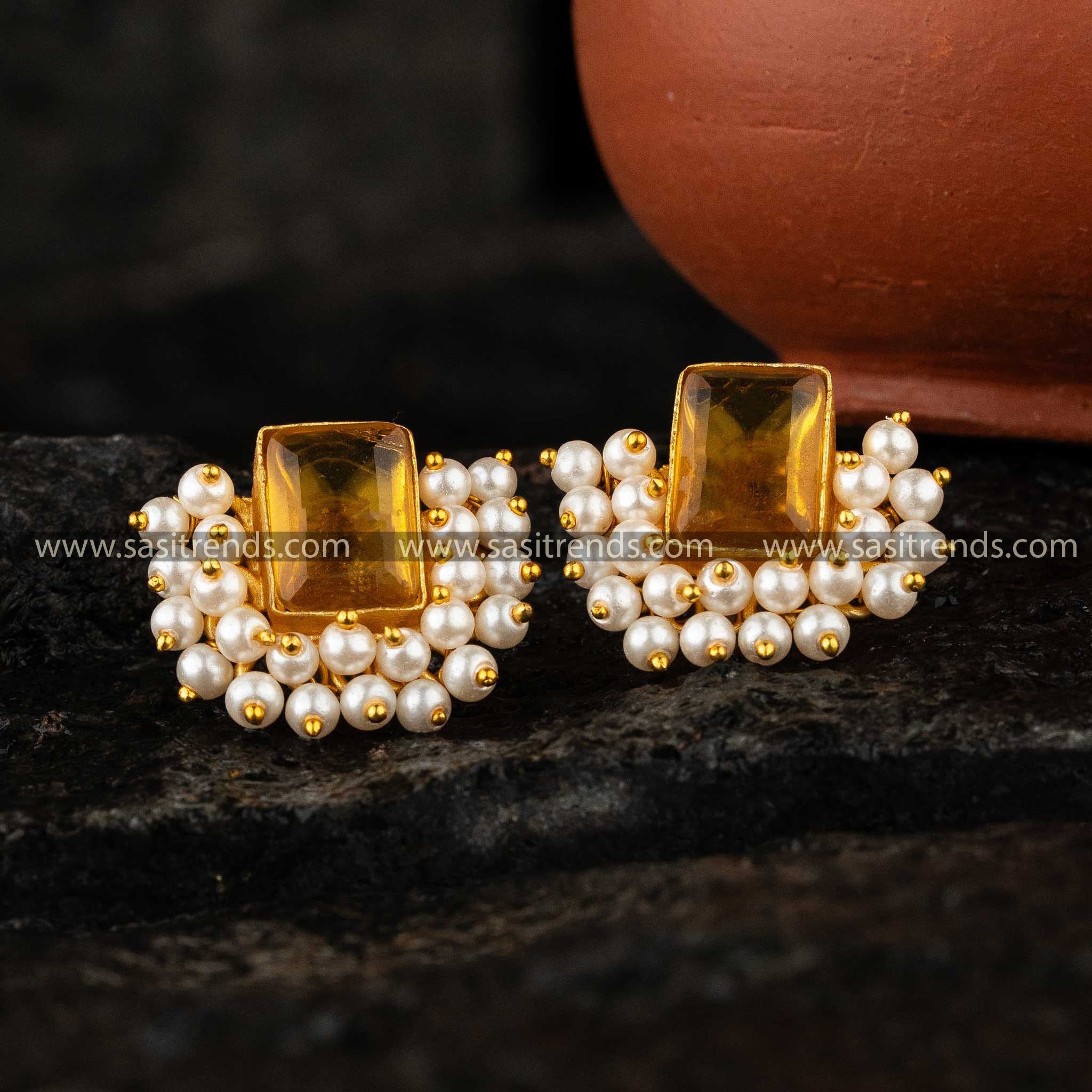 Stunning Gold Plated Rectangular Stone Earrings with Pearls Sasitrends