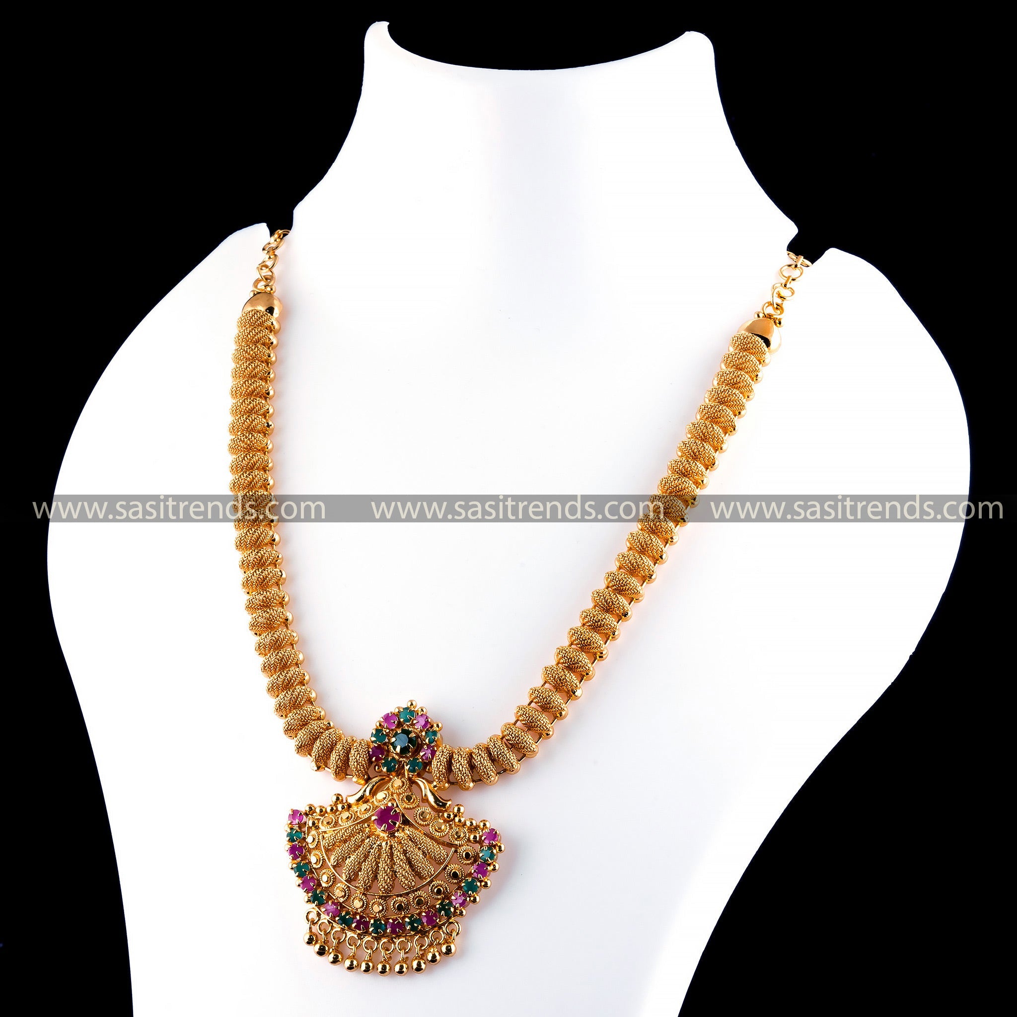Sasitrends Micro Gold-Plated Necklace Set | Tilak Pendant with Stones