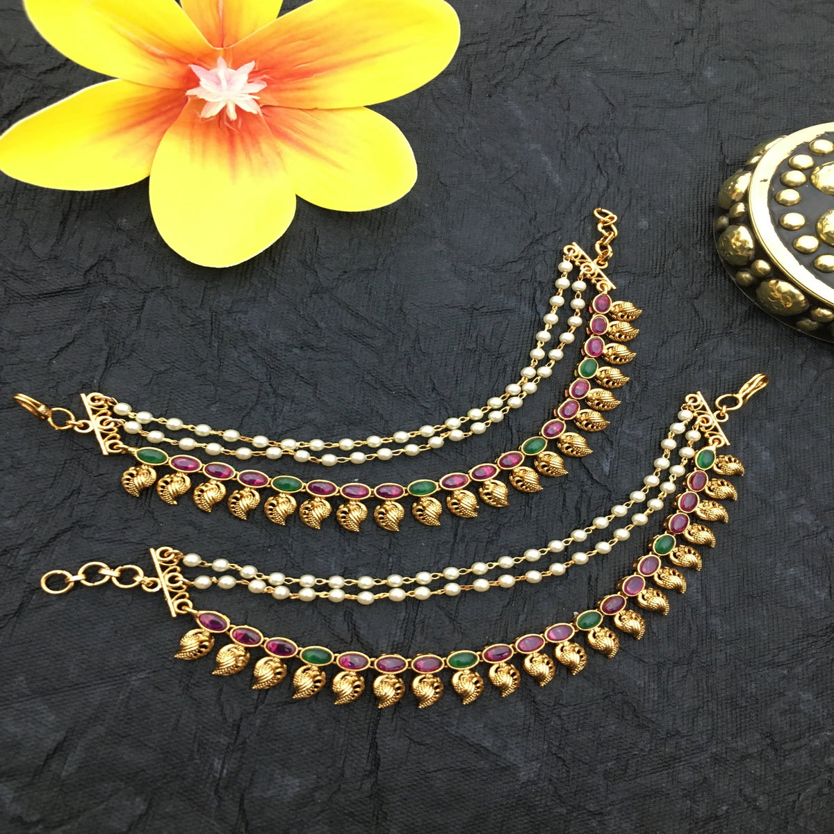 Dazzling Peacock Layer Temple Gold Plated Ear Chain Matil - Perfect for ...