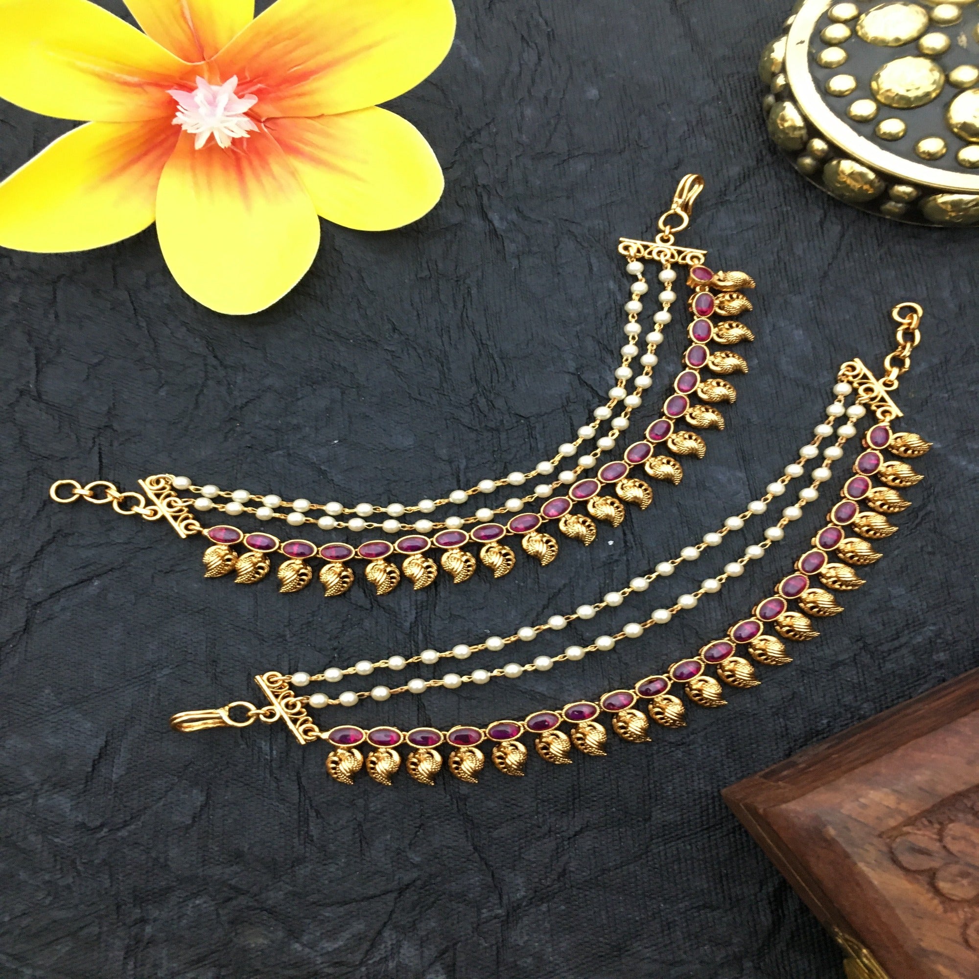 Dazzling Peacock Layer Temple Gold Plated Ear Chain Matil - Perfect for ...